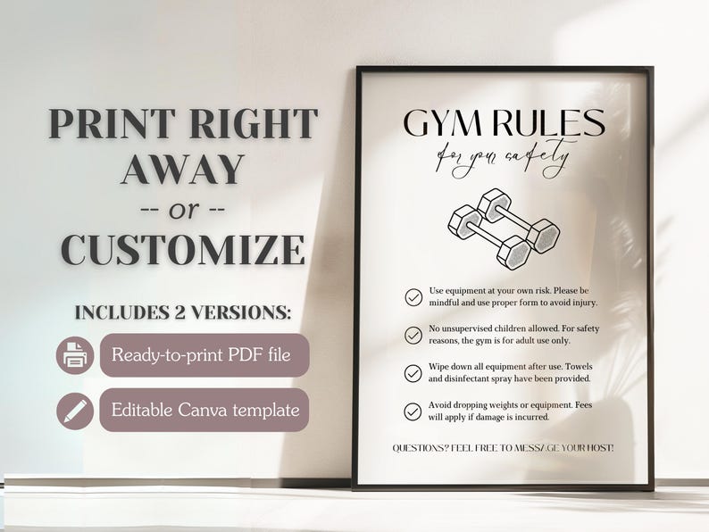 Gym Rules & Safety Instructions Sign for Business, Short-term Rental ...