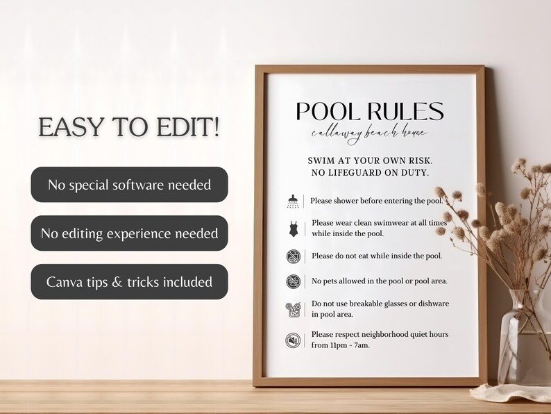 Pool Rules & Safety Sign for Airbnb or VRBO Rental, FULLY Customizable ...