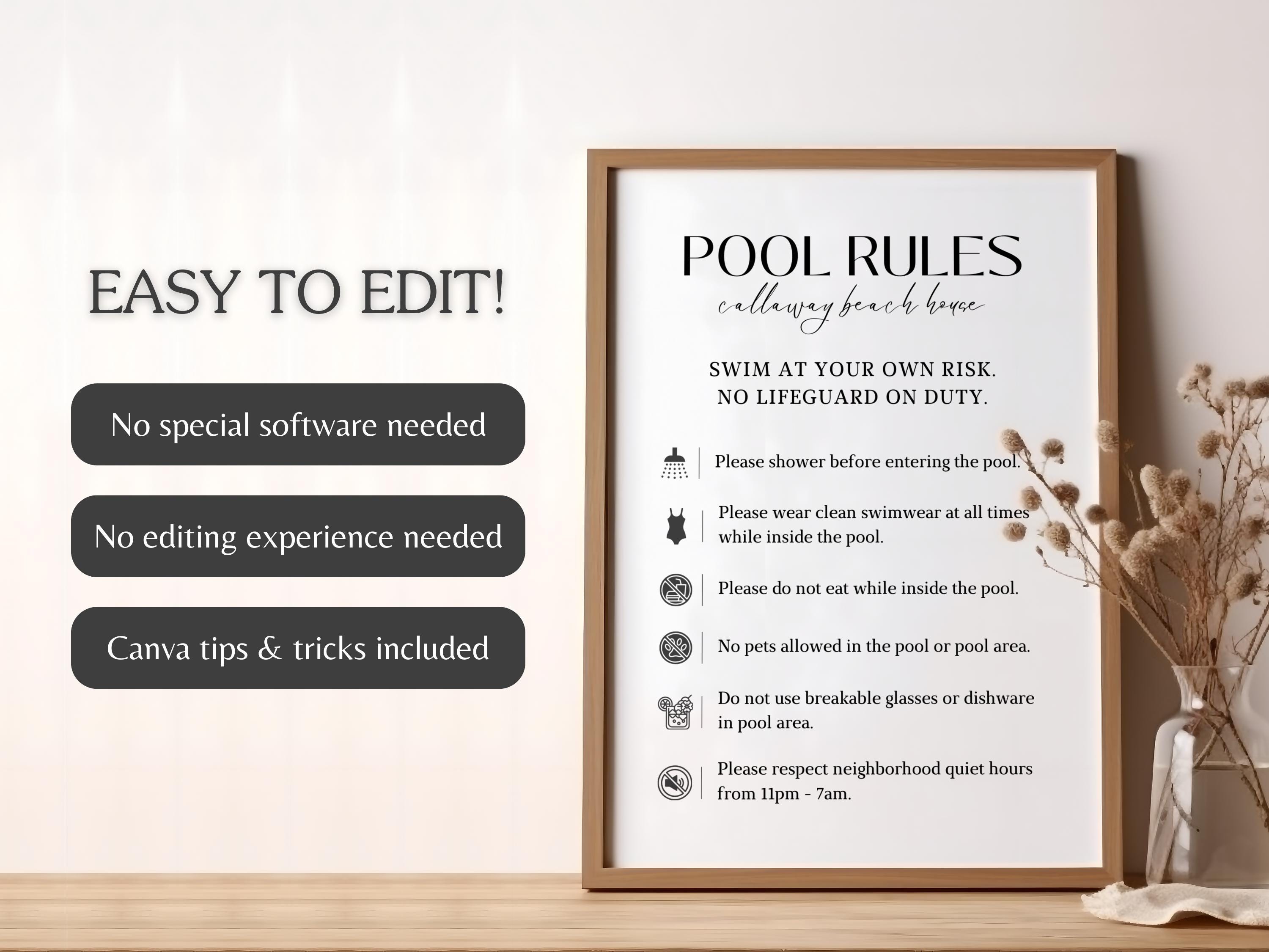 Pool Rules & Safety Sign for Airbnb or VRBO Rental, FULLY Customizable ...