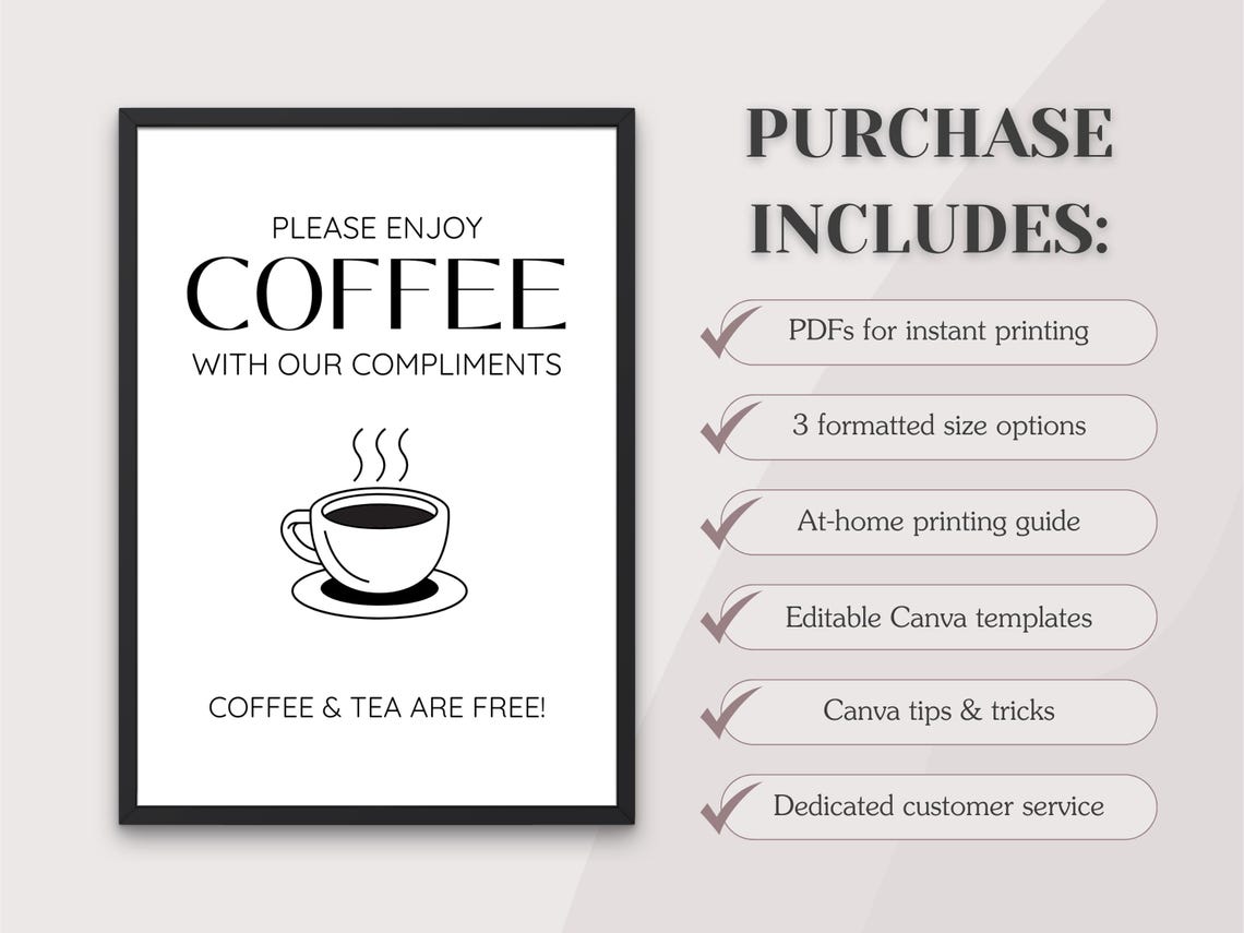 Complimentary Coffee and Tea Sign for Airbnb; Coffee Station Sign; Free ...