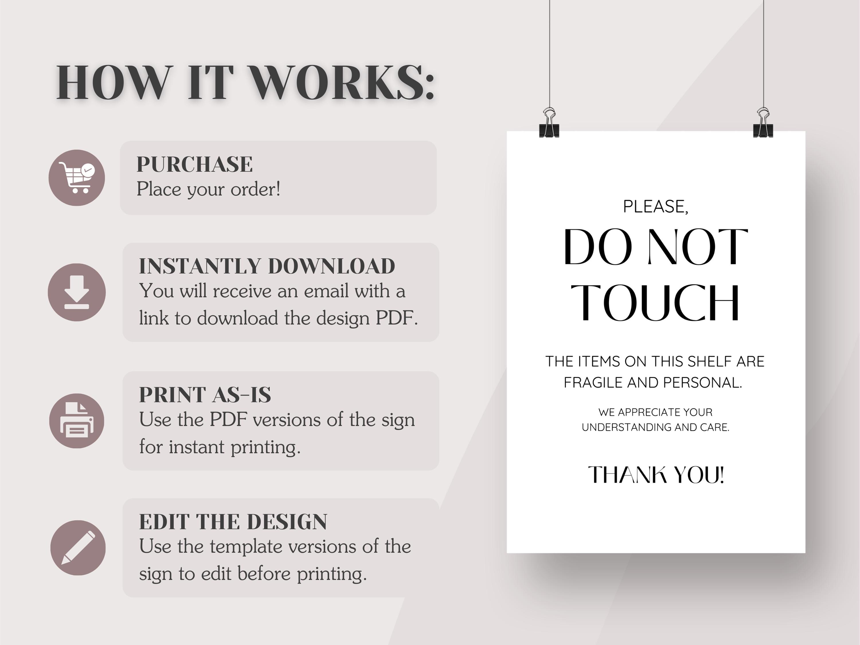 Do Not Touch Shelf Sign; Personal Items Airbnb Sign; Hands Off, Fragile ...