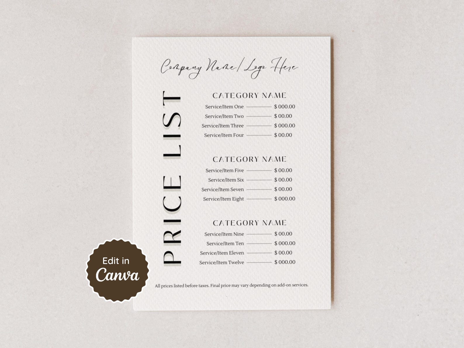 Price List Template; Pricing Sheet for Small Business, Nail Salon, Lash ...