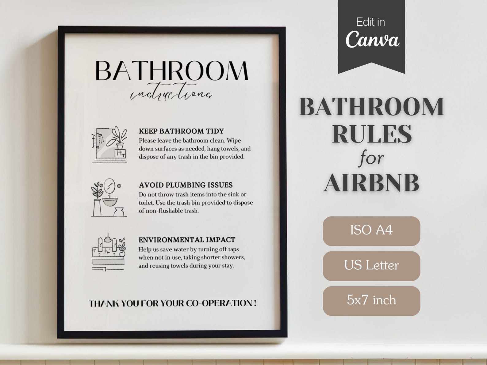Bathroom Instructions & Rules Sign for Airbnb; Save Water, Tidy Up ...