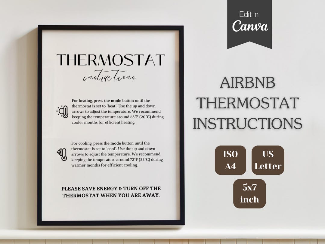 Airbnb Thermostat Instructions Sign Air Conditioner and Heating Guide Temperature Control ...