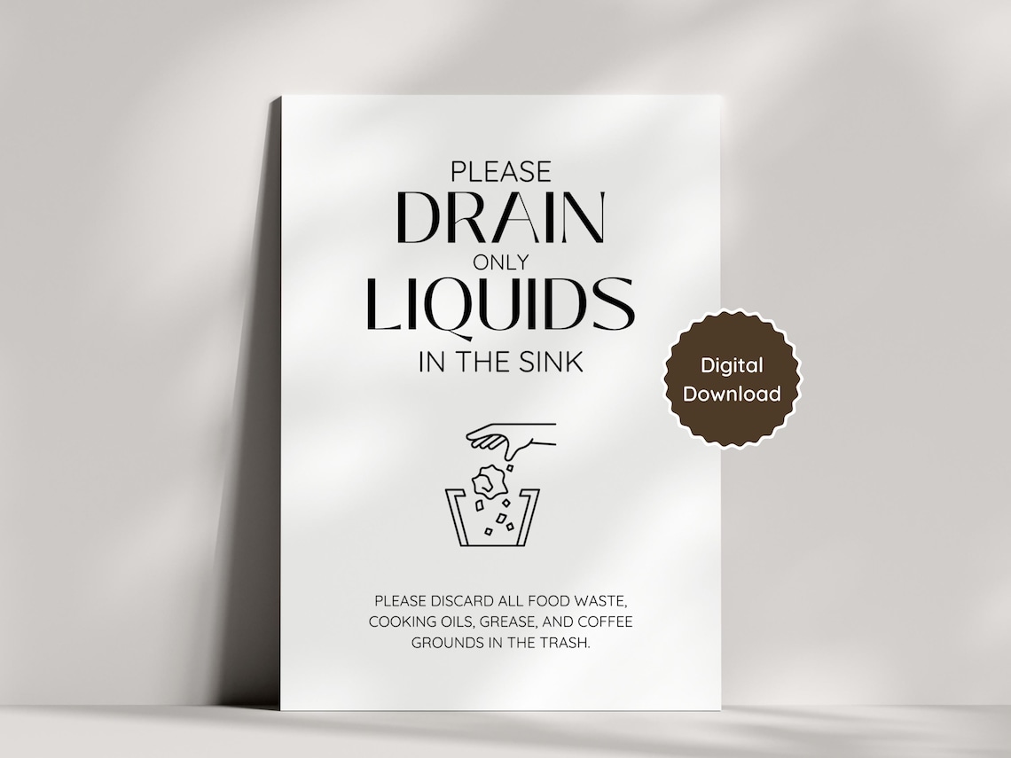 Drain Only Liquids Kitchen Sink Sign; No Food Waste or Scraps in Sink ...