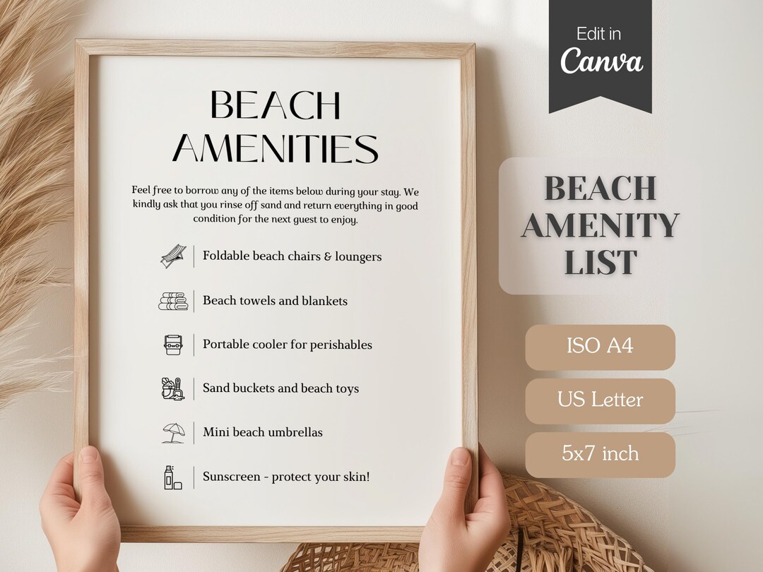Beach Amenity List for Airbnb Hosts; FULLY Customizable Canva Template ...