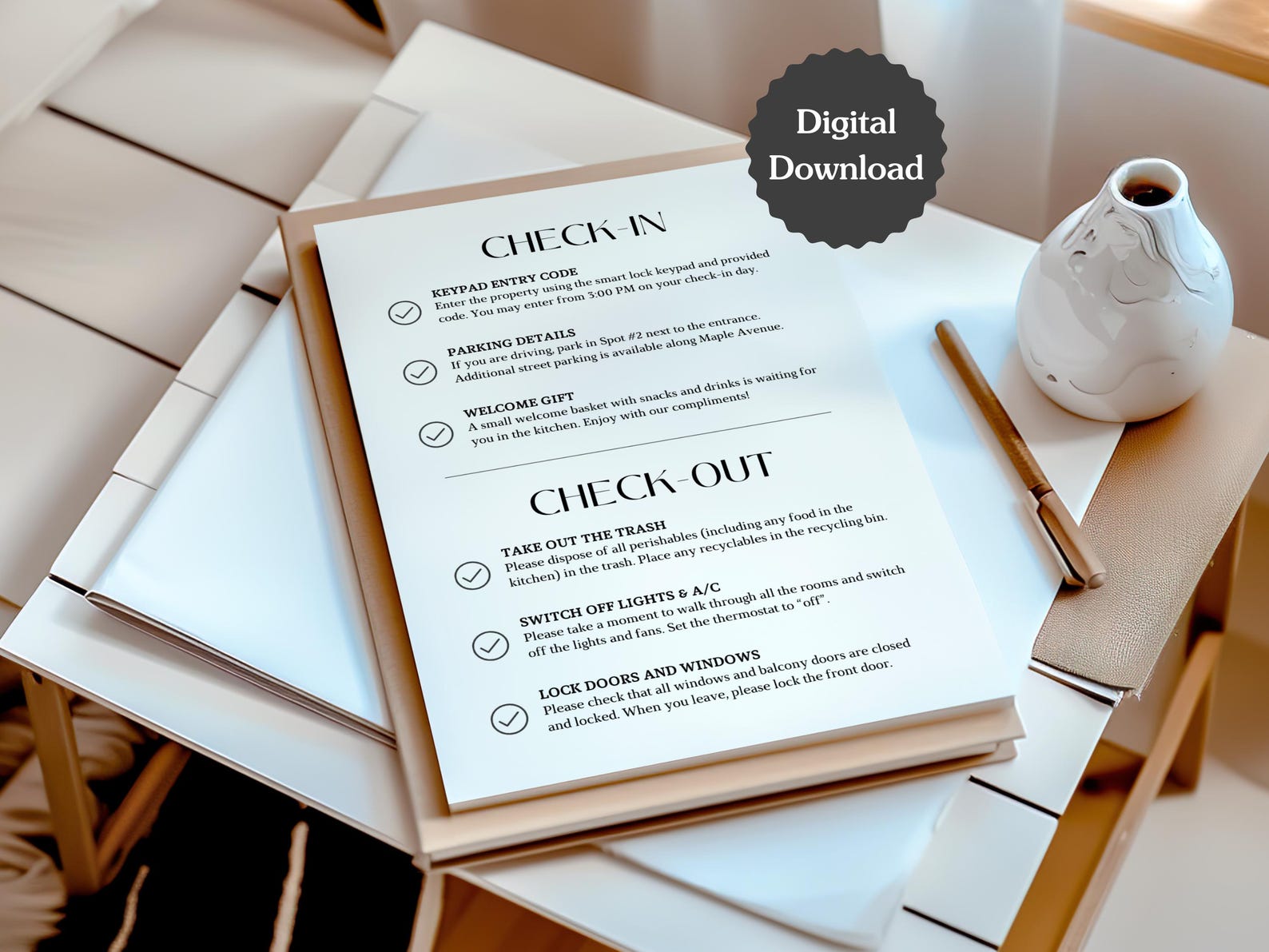 Check-in & Check-out Instructions Sign for Airbnb or VRBO; FULLY ...