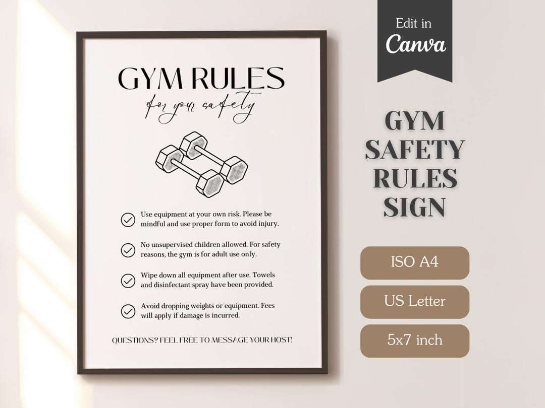 Gym Rules & Safety Instructions Sign for Business, Short-term Rental ...