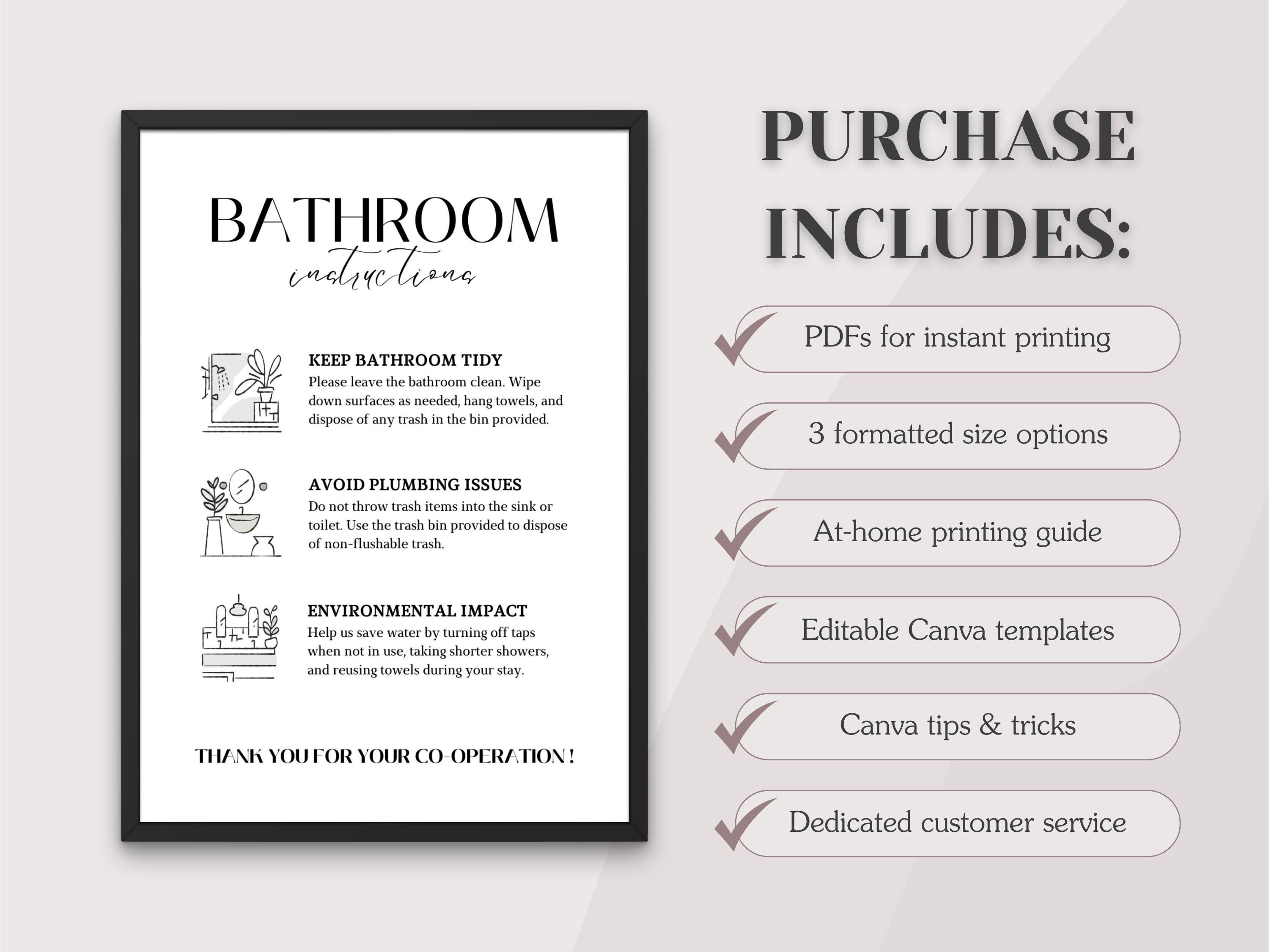 Bathroom Instructions & Rules Sign for Airbnb; Save Water, Tidy Up ...