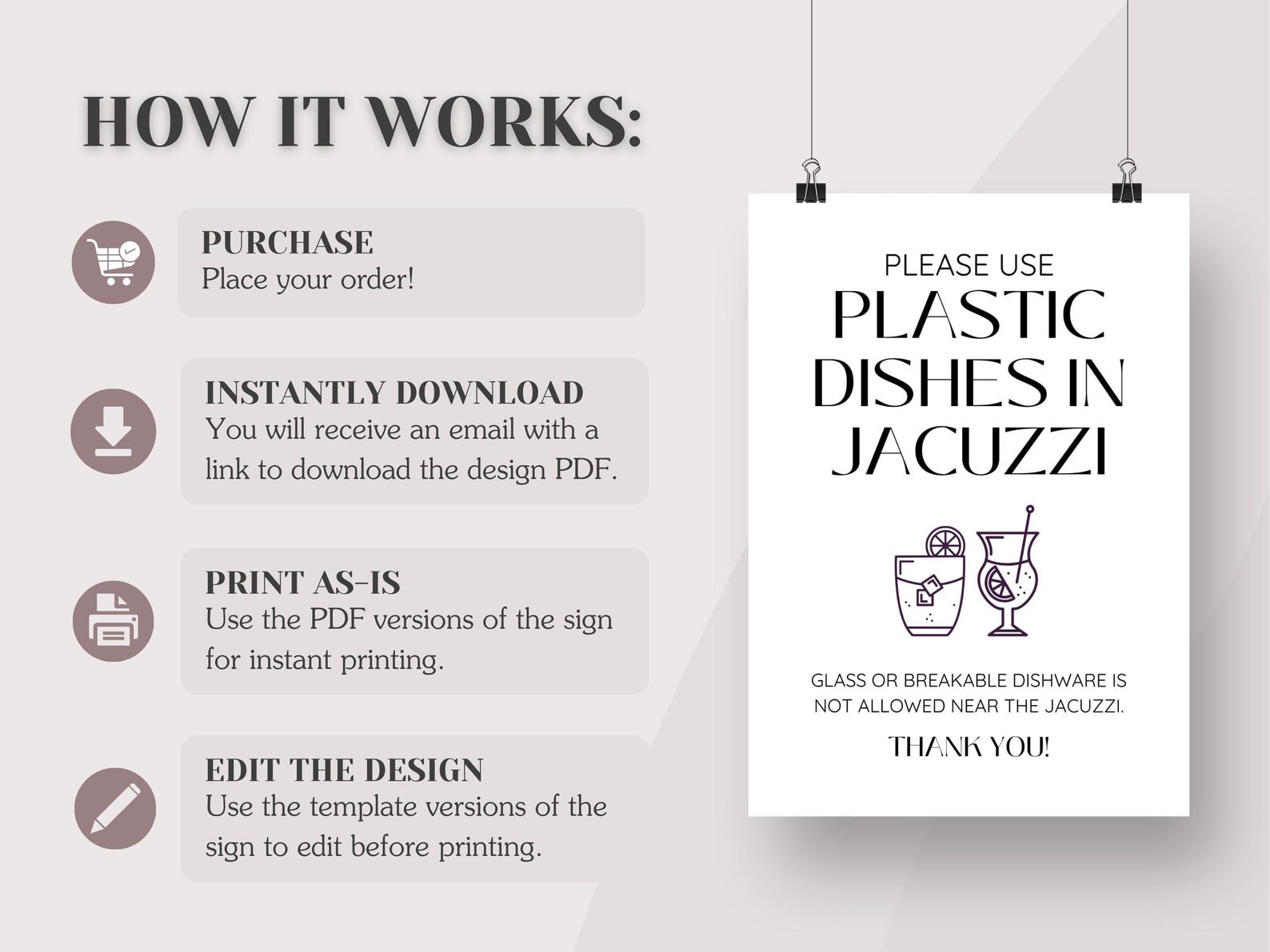 Use Plastic Dishes in Jacuzzi Sign for Airbnb; Pool Safety Instructions ...