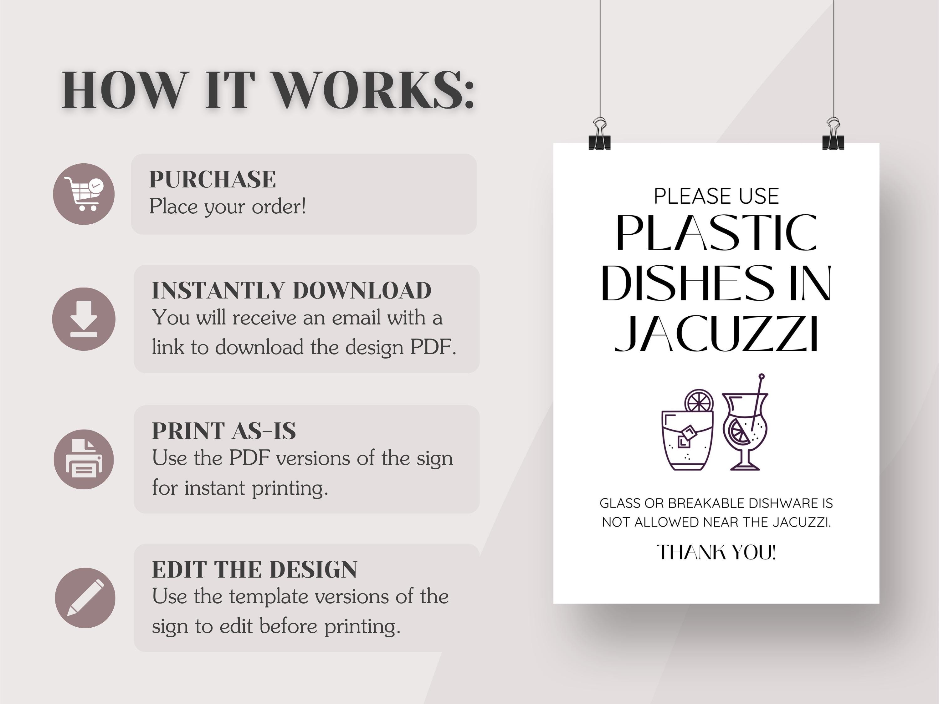 Use Plastic Dishes in Jacuzzi Sign for Airbnb; Pool Safety Instructions ...