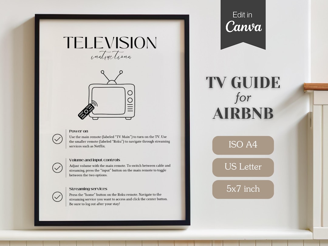 Airbnb Television Instructions Sign; Roku TV, Netflix and Channel Guide ...