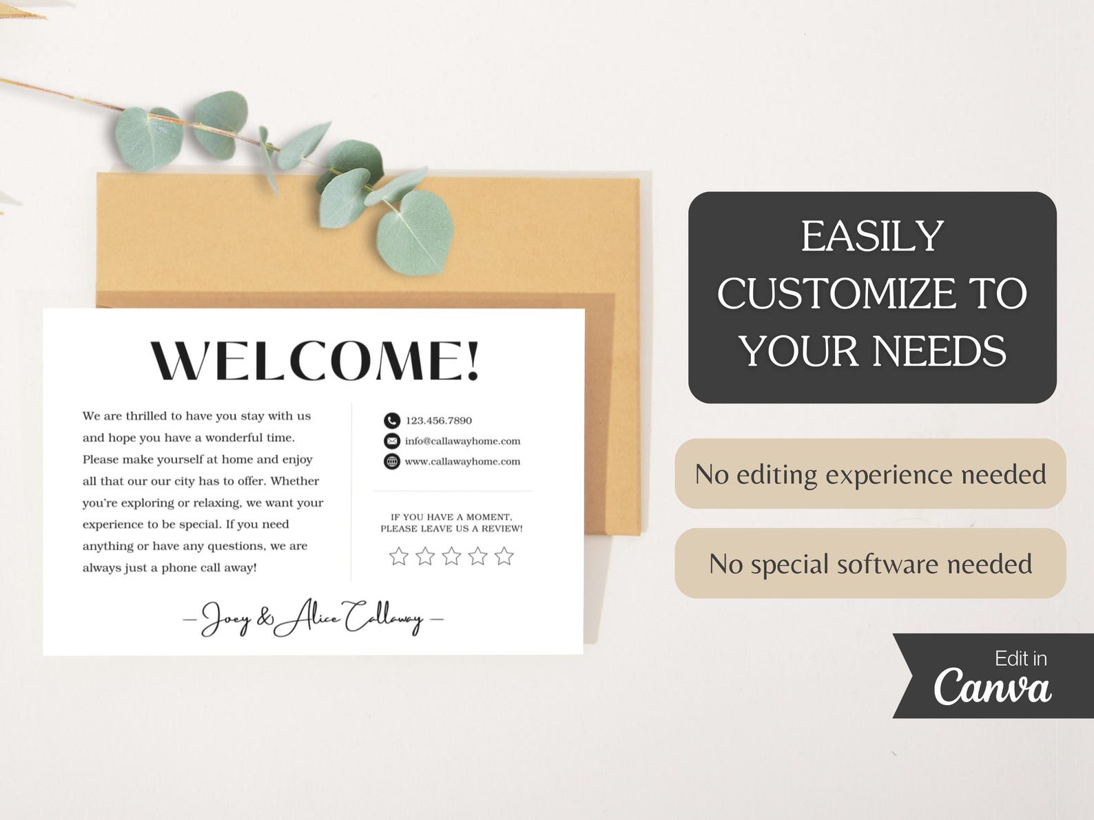 Airbnb Personalized Welcome Note | Visitor Card & Contact Info Sheet ...