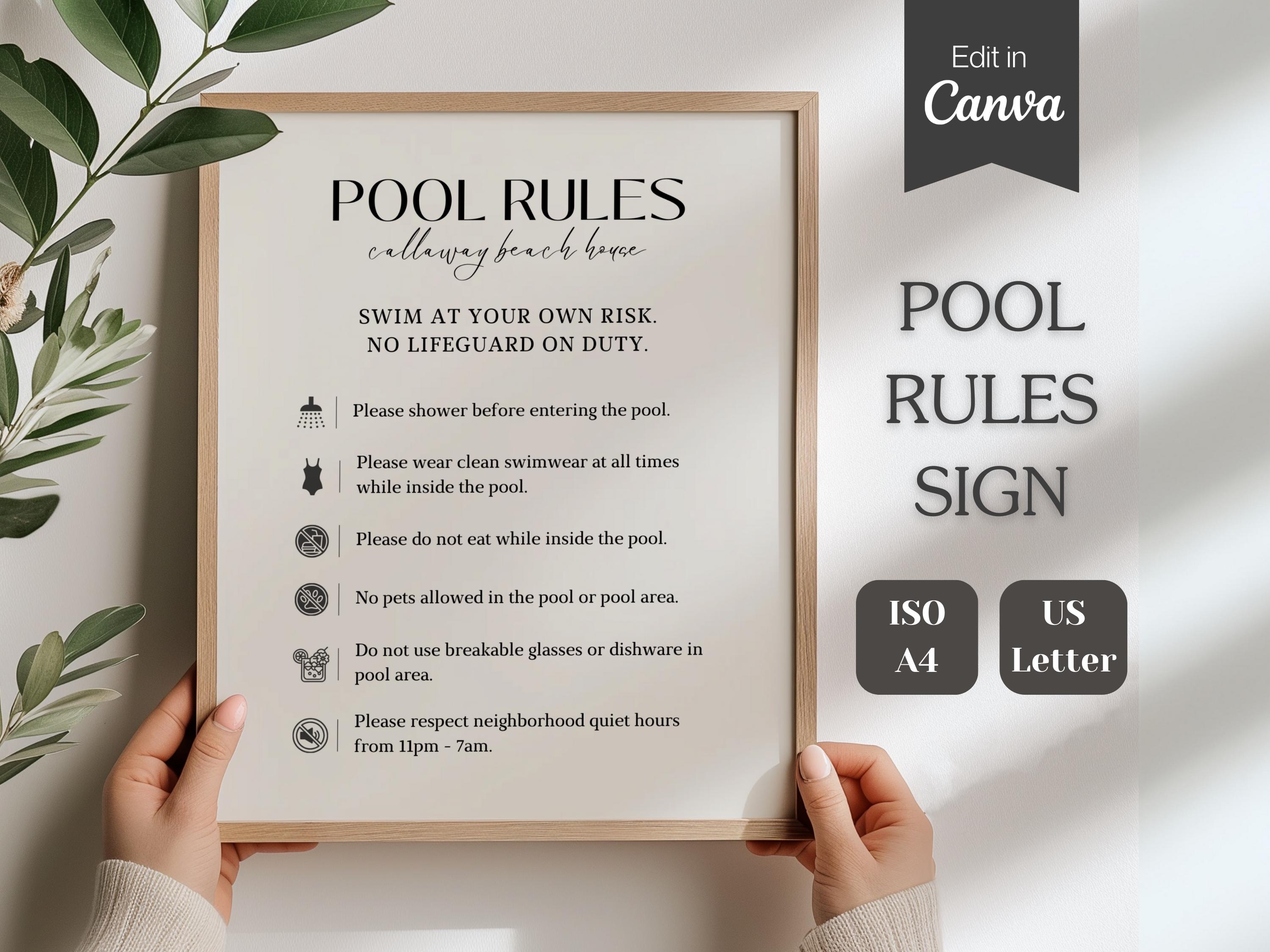 Pool Rules & Safety Sign for Airbnb or VRBO Rental, FULLY Customizable ...