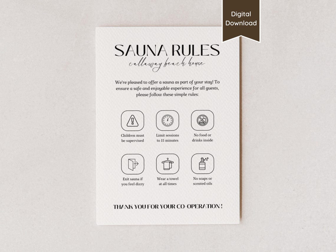 Sauna Rules & Safety Instructions Sign for Airbnb or VRBO Short-term ...