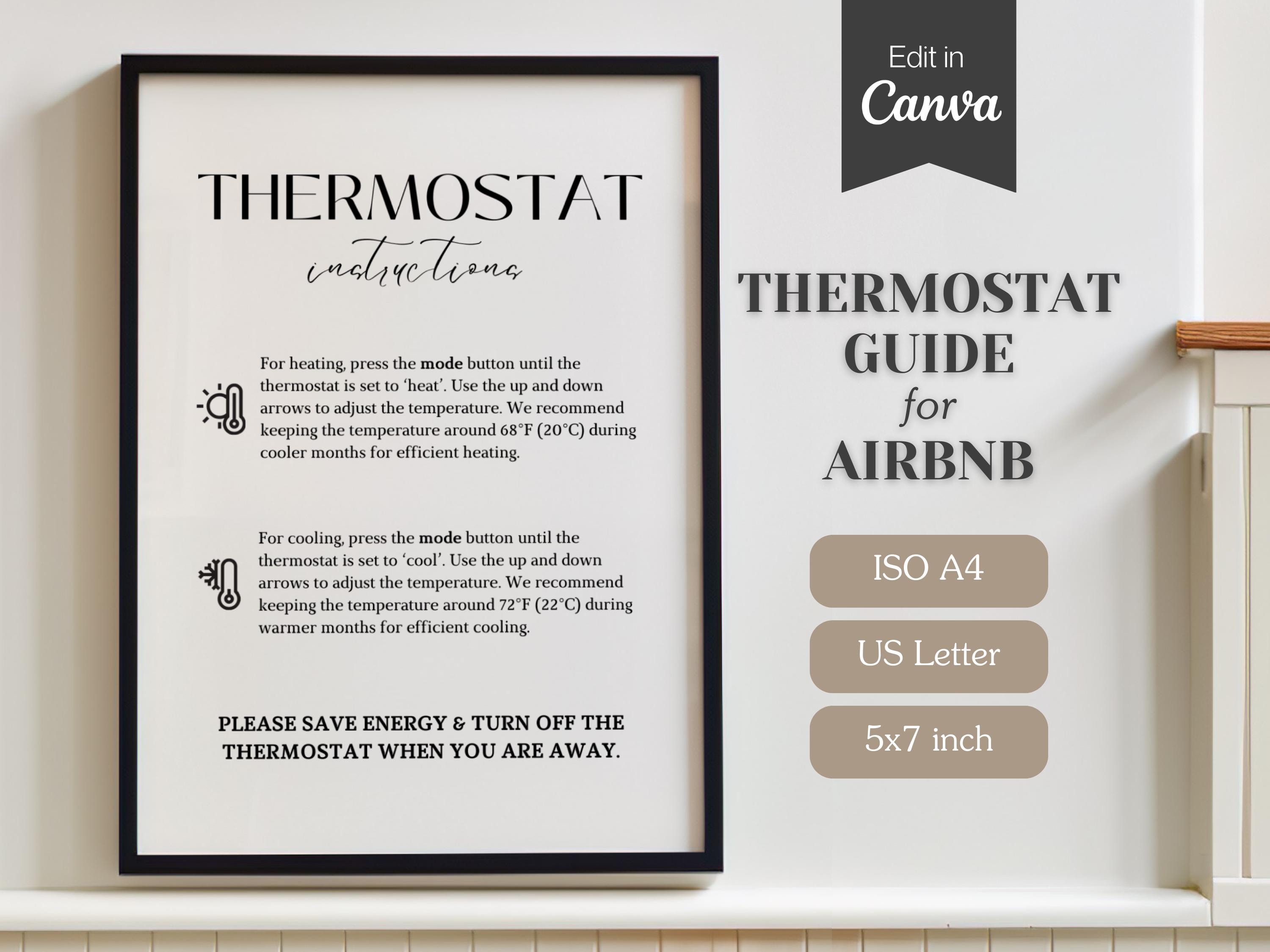 Airbnb Thermostat Instructions Sign; Air Conditioner and Heating Guide ...