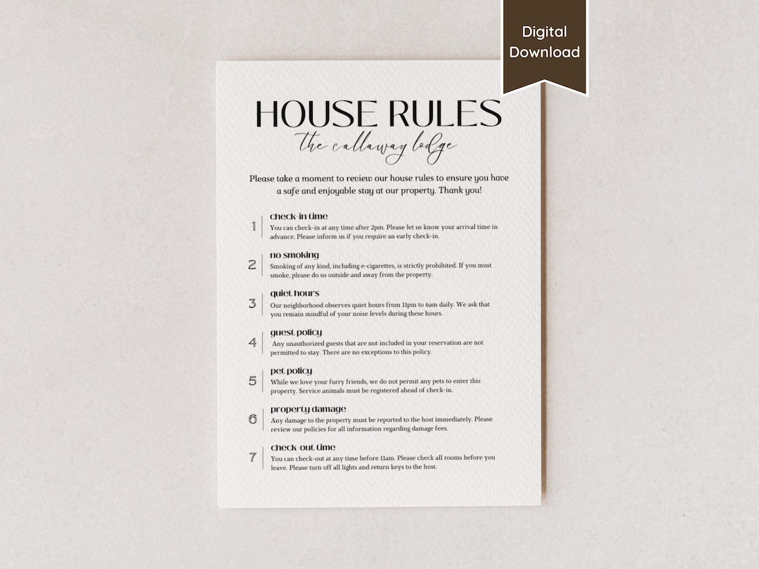 Minimalist House Rules Sign for Airbnb or VRBO Rental; Instructions ...