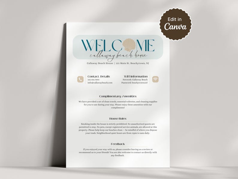 Beach House Airbnb Welcome Sign; Nautical Seaside Shell Ocean Theme ...