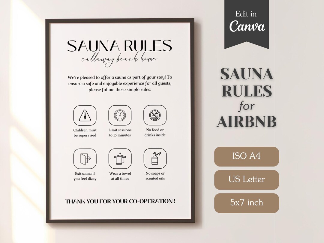 Sauna Rules & Safety Instructions Sign for Airbnb or VRBO Short-term ...