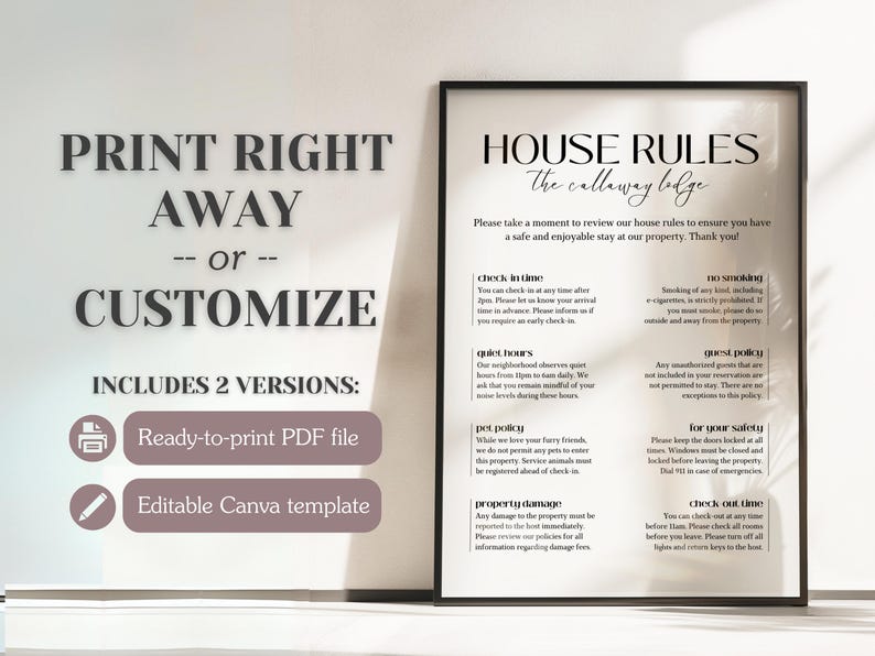 Minimalist House Rules Sign; Instructions and Rulebook for Short-term ...