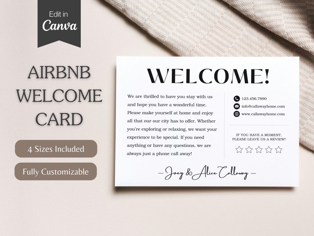 Airbnb Personalized Welcome Note | Visitor Card & Contact Info Sheet ...