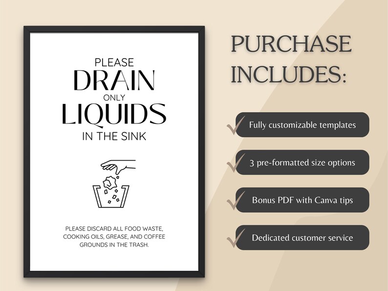 Drain Only Liquids Kitchen Sink Sign No Food in Sink Sign FULLY ...