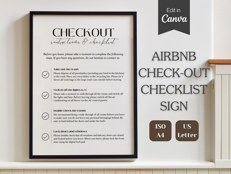 Checkout Instructions Sign for Airbnb Rental | FULLY Customizable on ...
