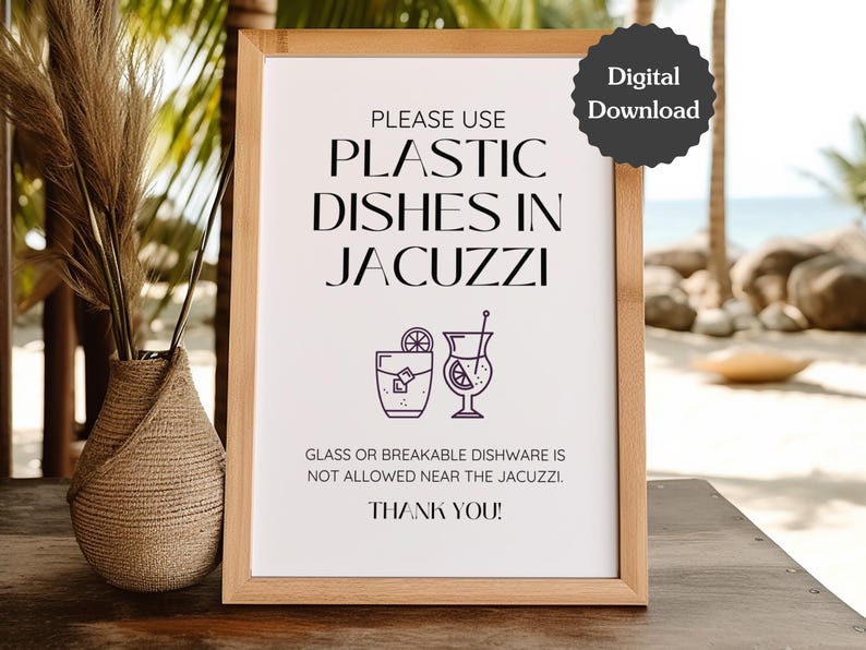 Use Plastic Dishes in Jacuzzi Sign for Airbnb; Pool Safety Instructions ...