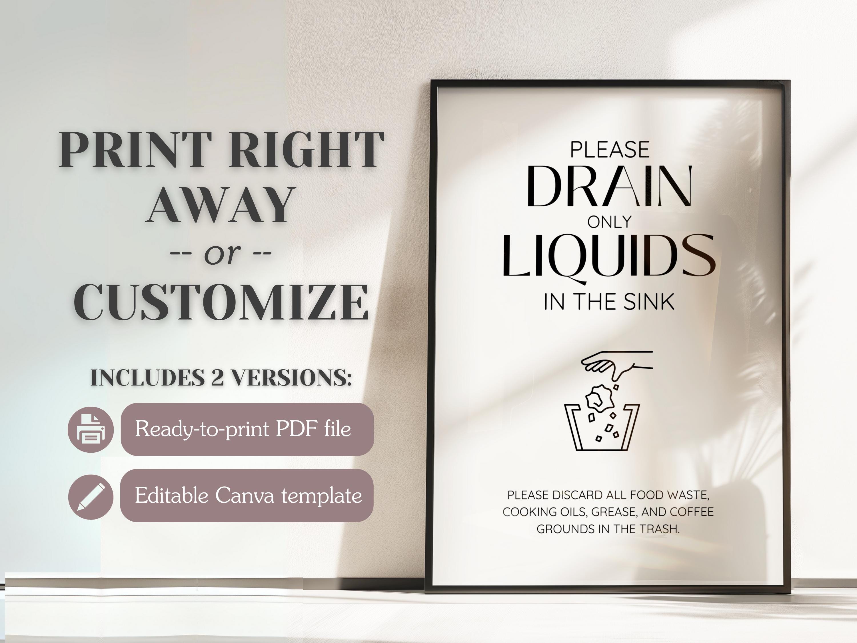 Drain Only Liquids Kitchen Sink Sign | No Food in Sink Sign | Keep ...