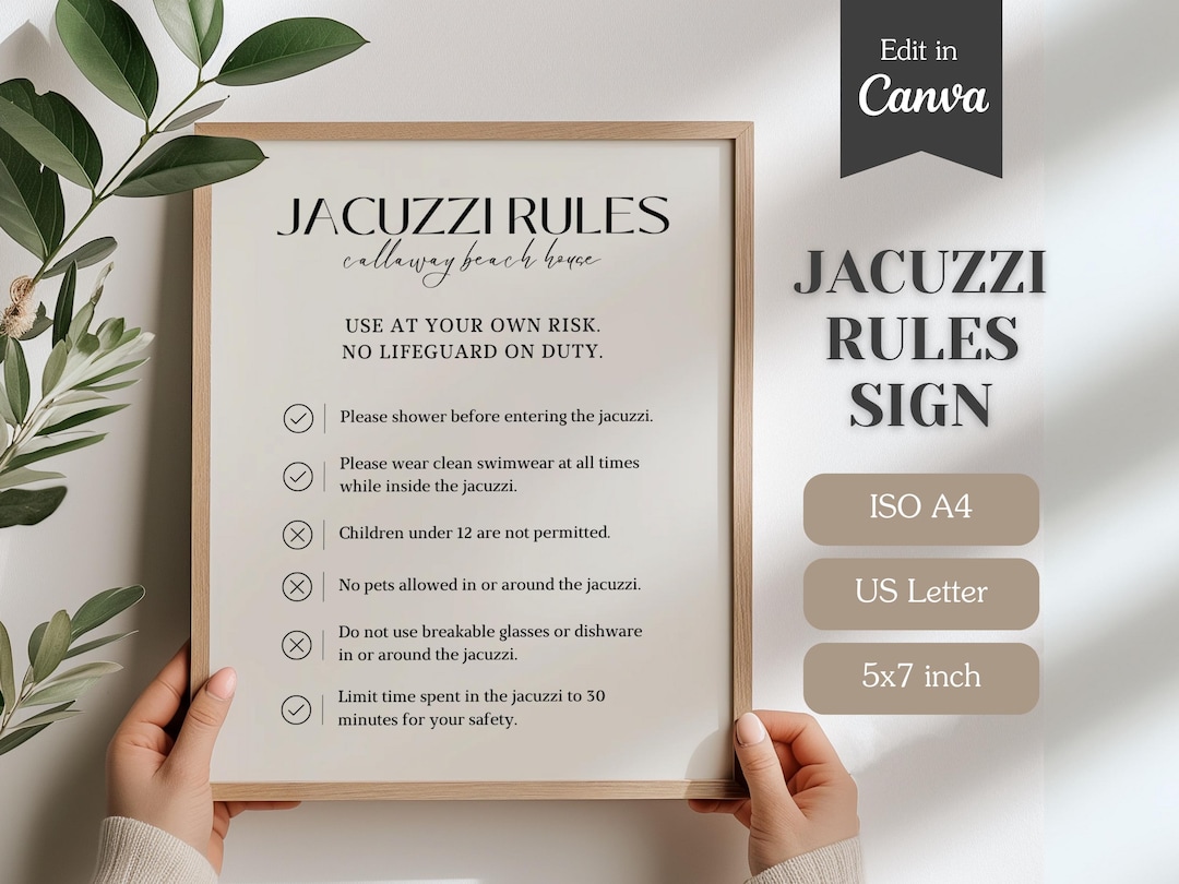 Jacuzzi Rules & Safety Sign for Airbnb or VRBO Rental, FULLY ...