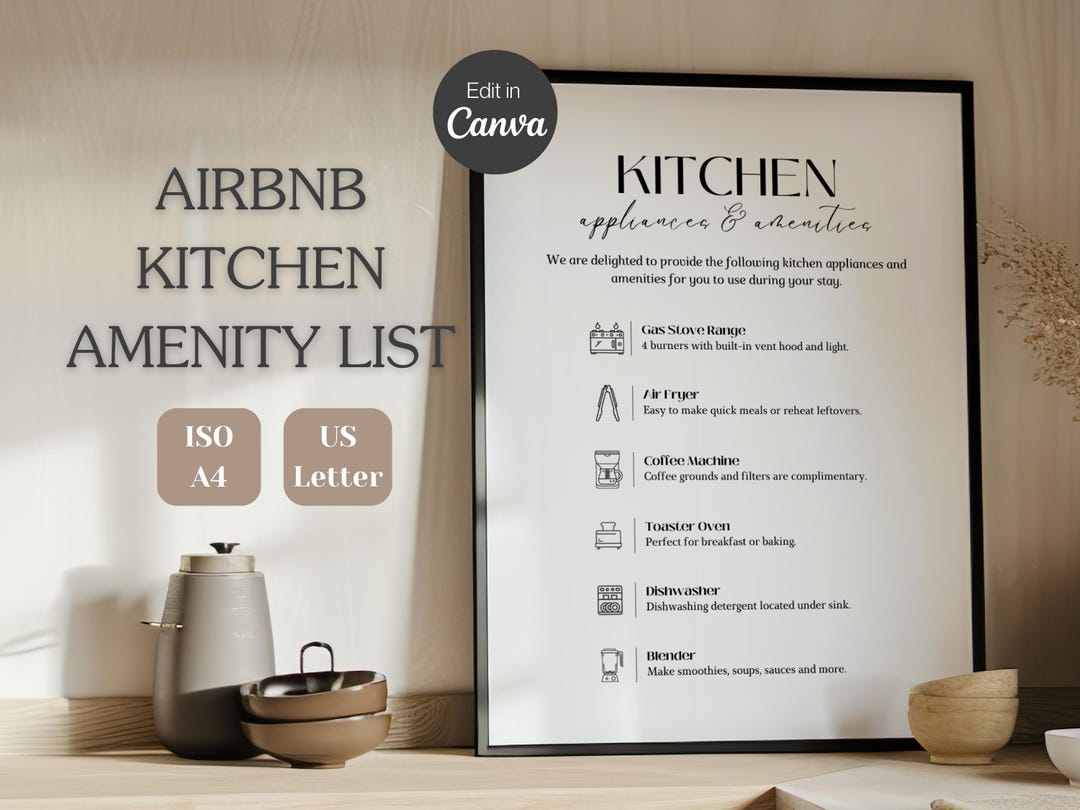 Kitchen Amenities List Sign for Airbnb | FULLY Customizable on Canva ...