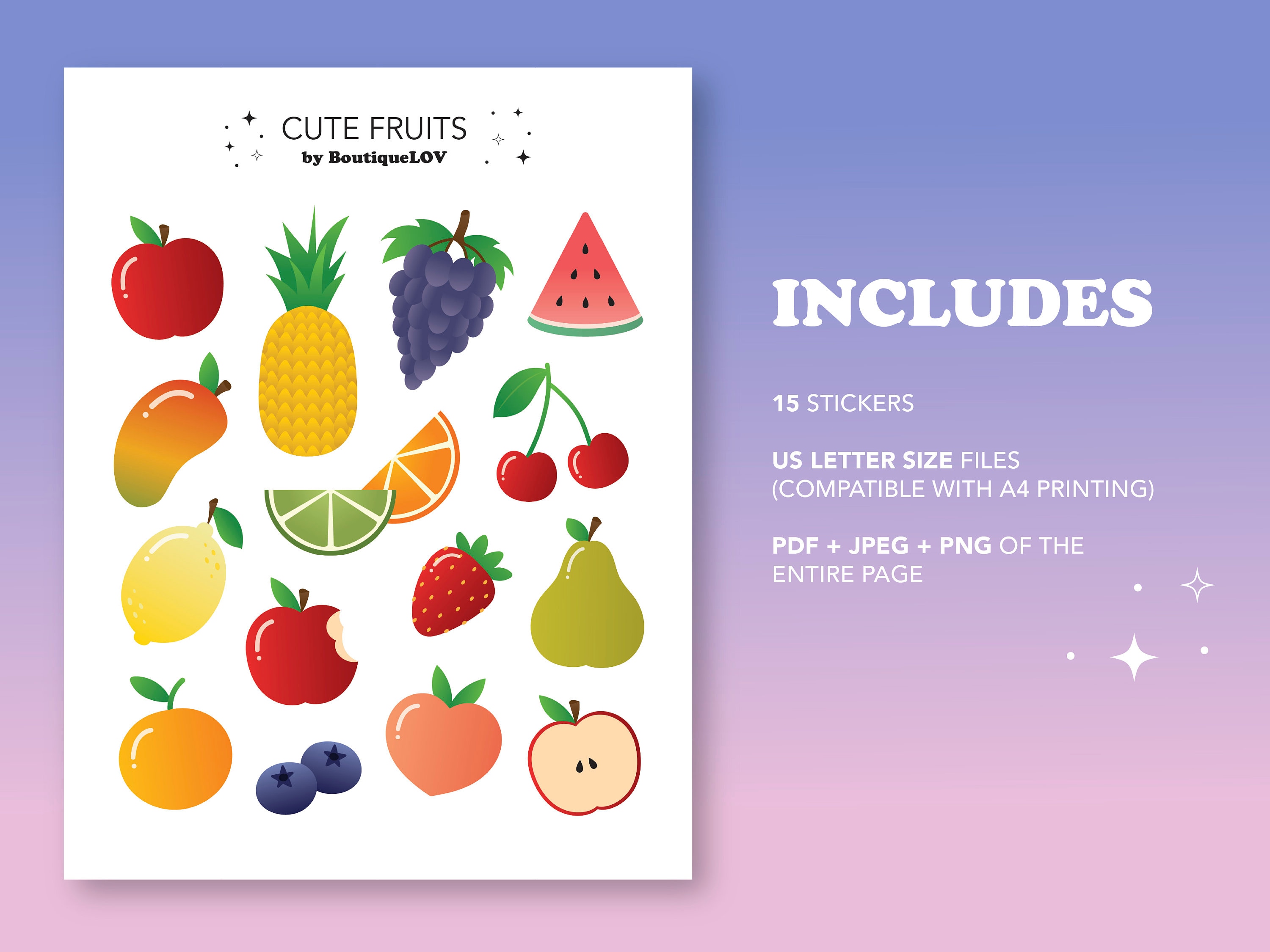 Fruits Digital Stickers Printable Sticker Sheet Cute - Etsy