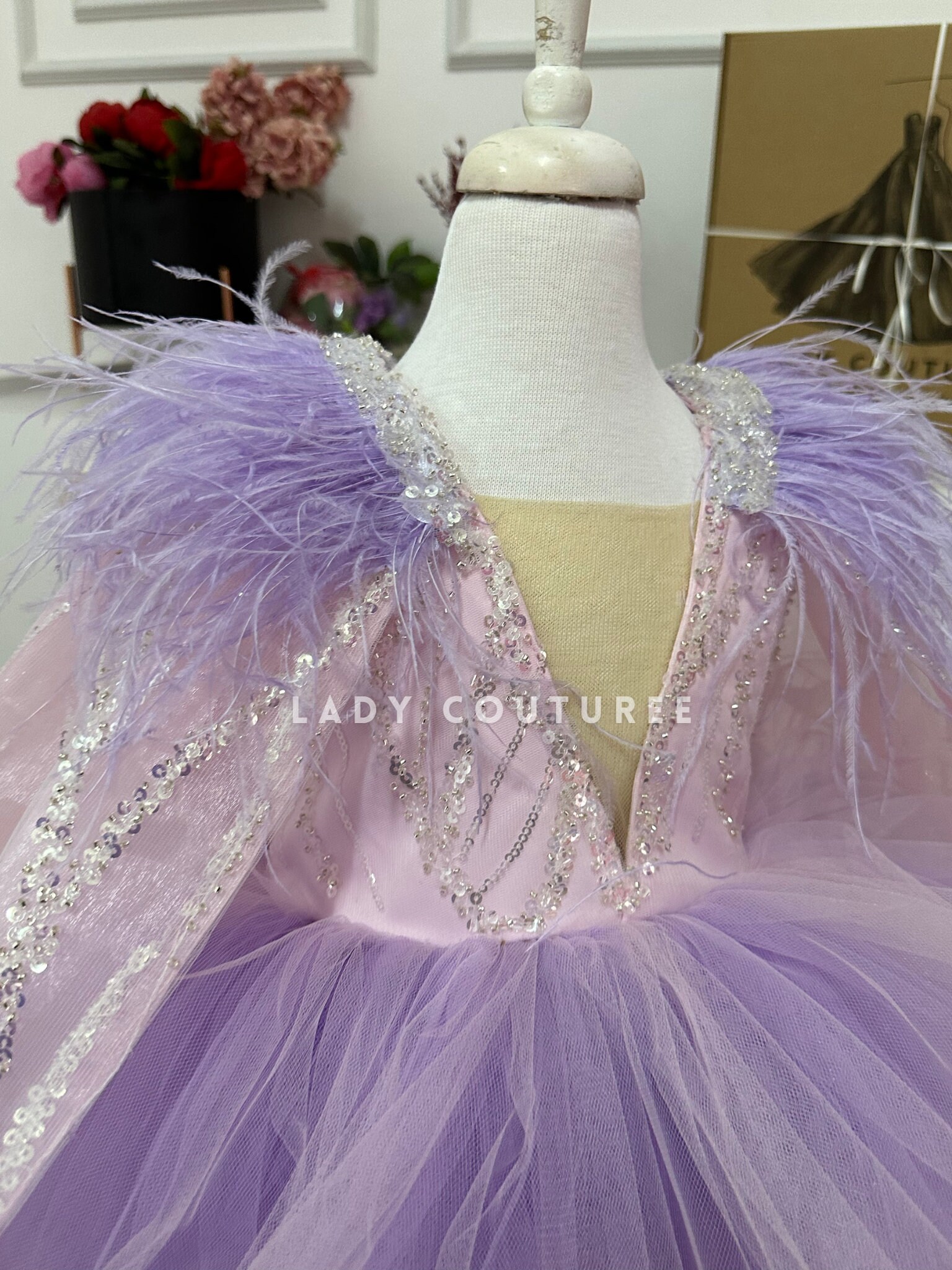 White Shiny Fabric and Ostrich Feather and Cloak Detail Pageant Dress ...