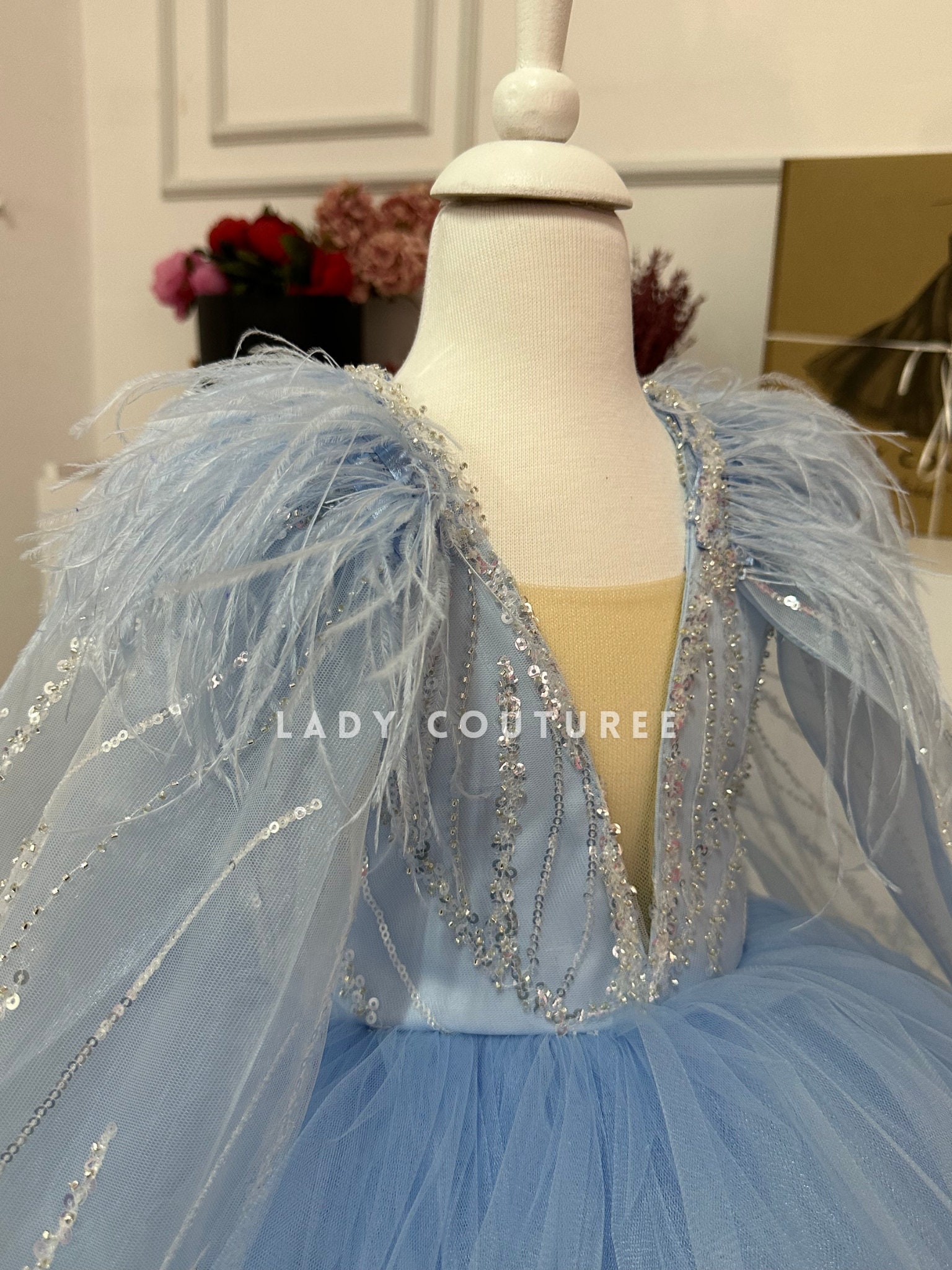 White Shiny Fabric and Ostrich Feather and Cloak Detail Pageant Dress ...