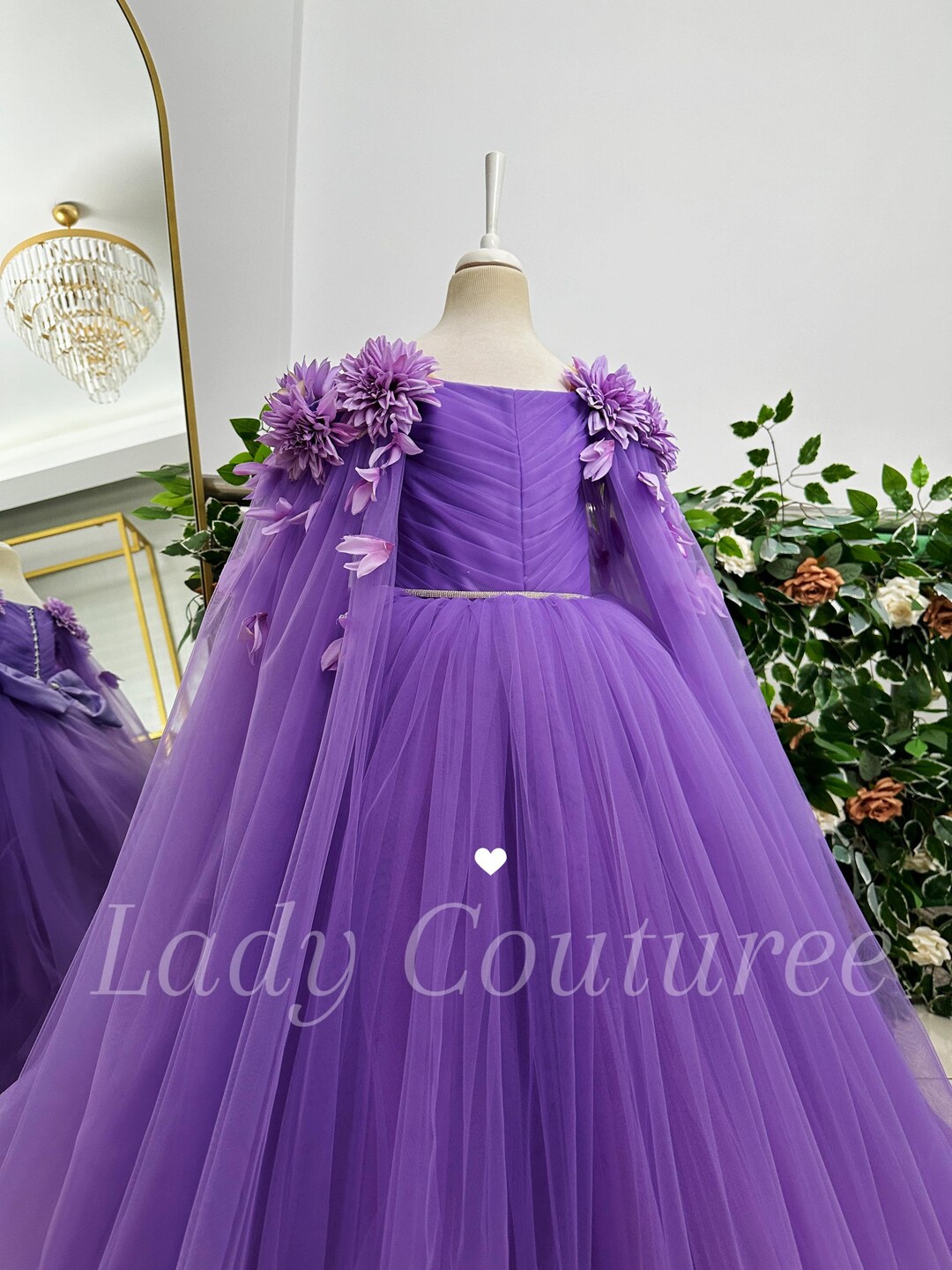 Floral Themed Flower Girl Dress With Fluffy Tulle Skirt and Leaf Detail ...