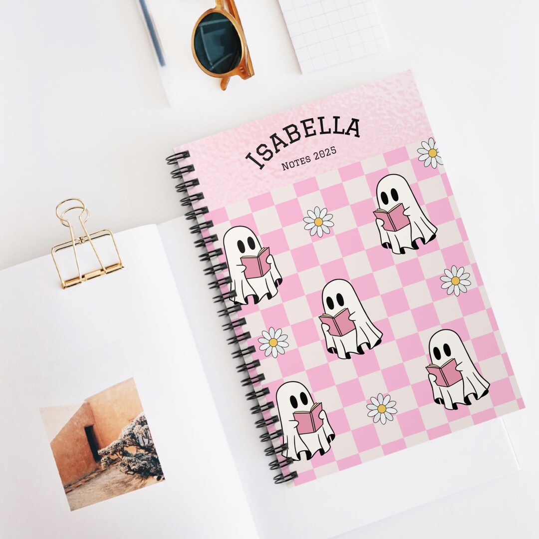 Personalized Ghost Spiral Notebook – Pink Checkered Journal, Student ...