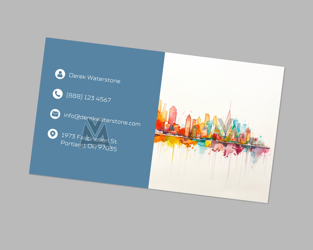 City Business Card Canva Template, City Watercolor Business Card ...
