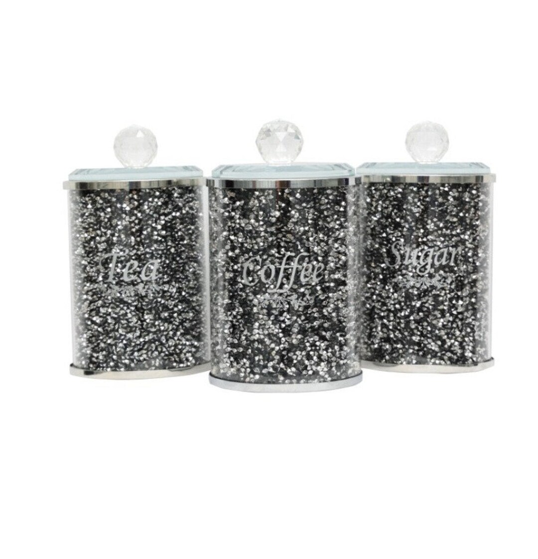 Crushed Diamond Crystal Filled Tea Coffee Sugar Jars Canisters Black ...