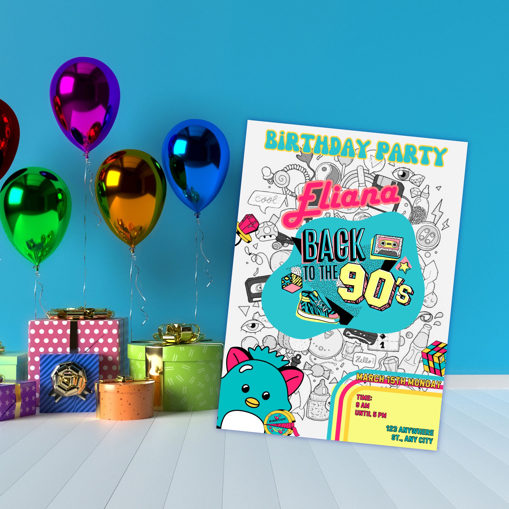 Retro Party Invitation Printable, 90's Invite, Editable Digital ...