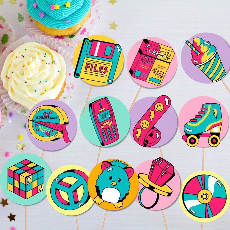 90s Theme Birthday Party Cupcake Toppers Are Instant Printable, Retro ...