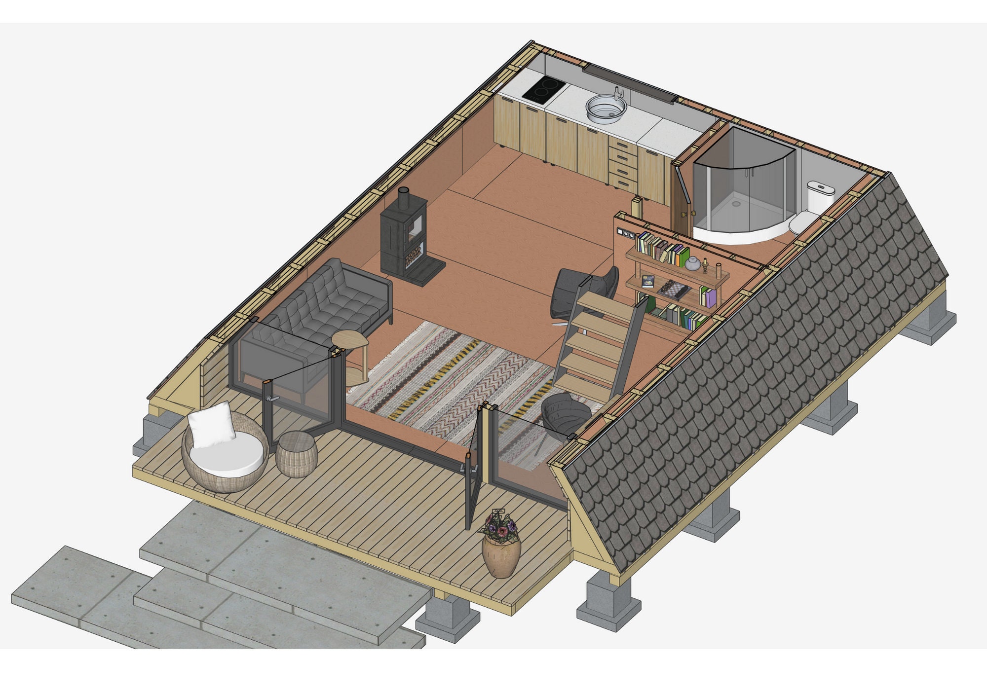 A Frame House + Structural 3D model Sketch-Up, Modern A Frame House Plan, 22'x24' Cabin, Floor ...