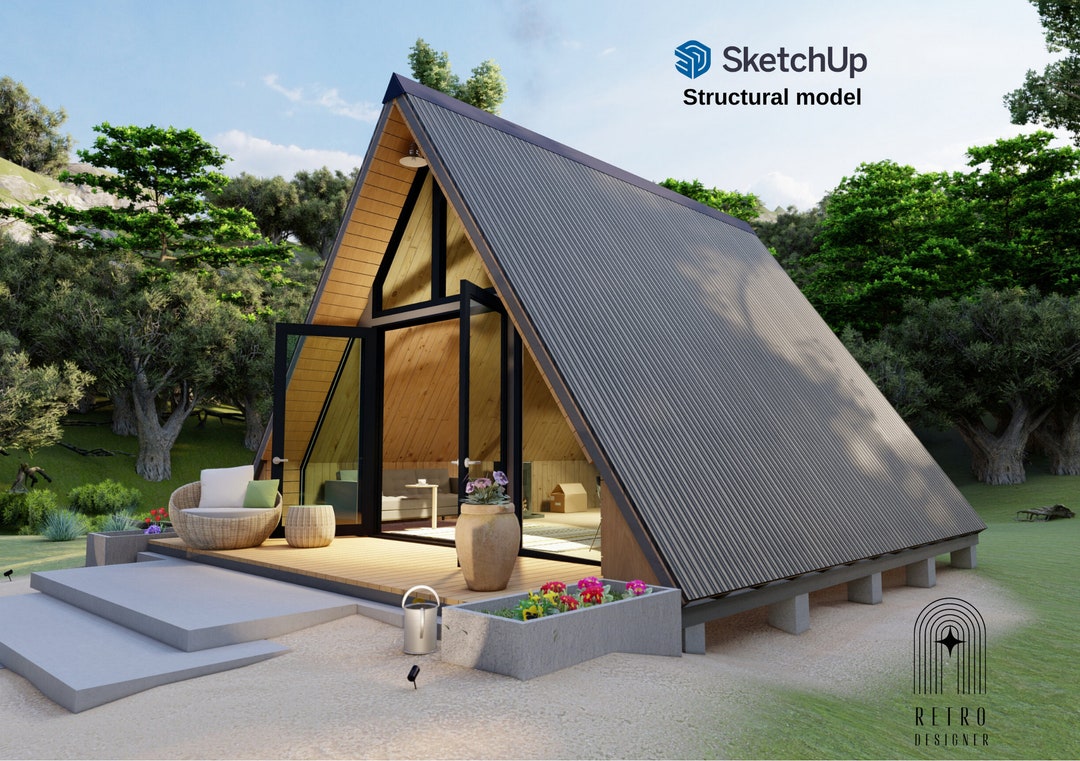 A Frame House + Structural 3D Model Sketch-up , Modern A Frame House Plan, 22'x24' Cabin, Floor ...