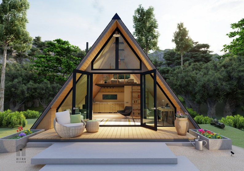 A Frame House + Structural 3D Model Sketch-up , Modern A Frame House Plan, 22'x24' Cabin, Floor ...