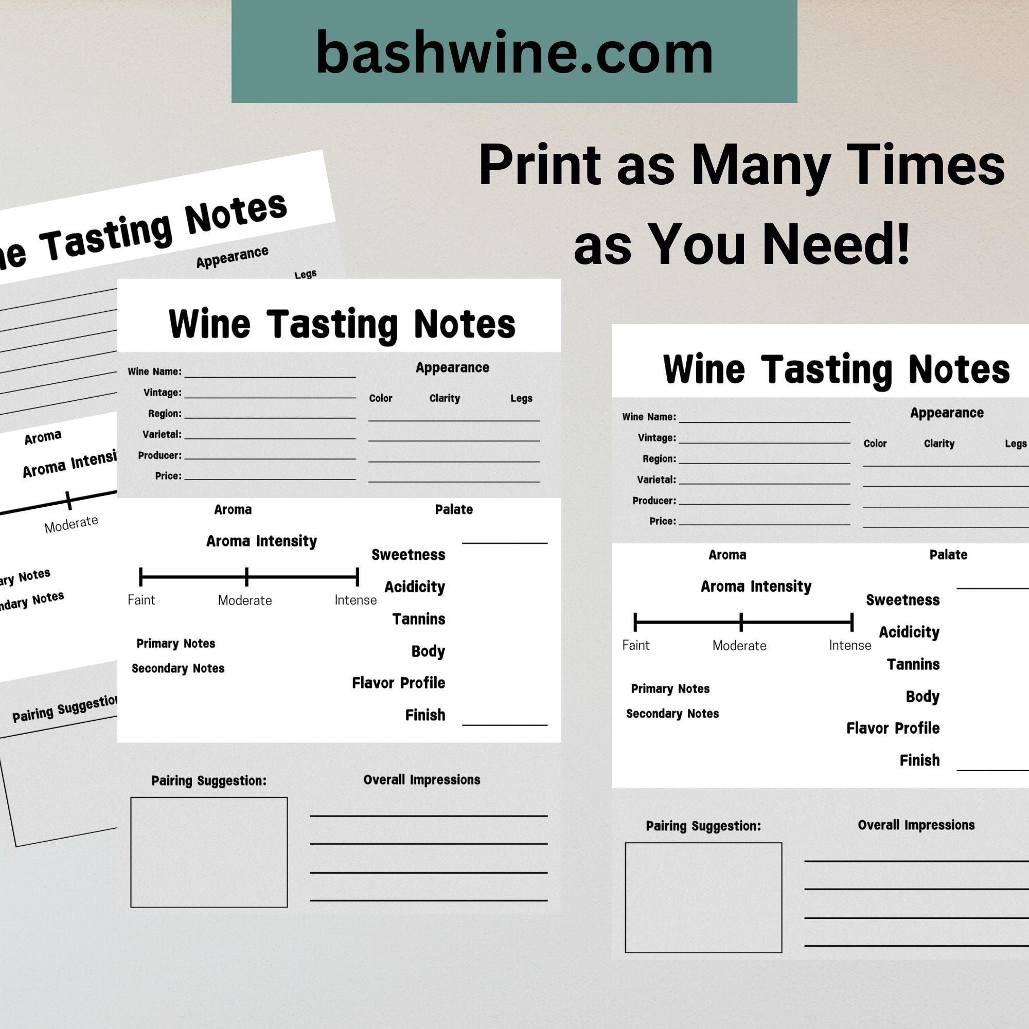 Wine Tasting Notes Template | Printable Digital PDF for Wine ...