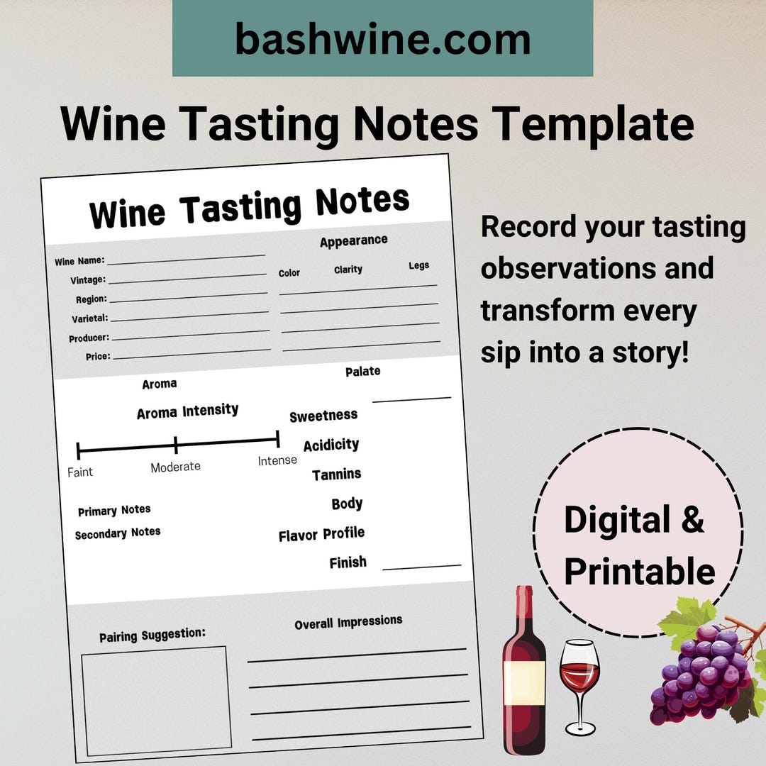 Wine Tasting Notes Template | Printable Digital PDF for Wine ...