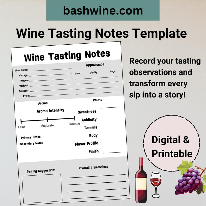 Wine Tasting Notes Template | Printable Digital PDF for Wine ...