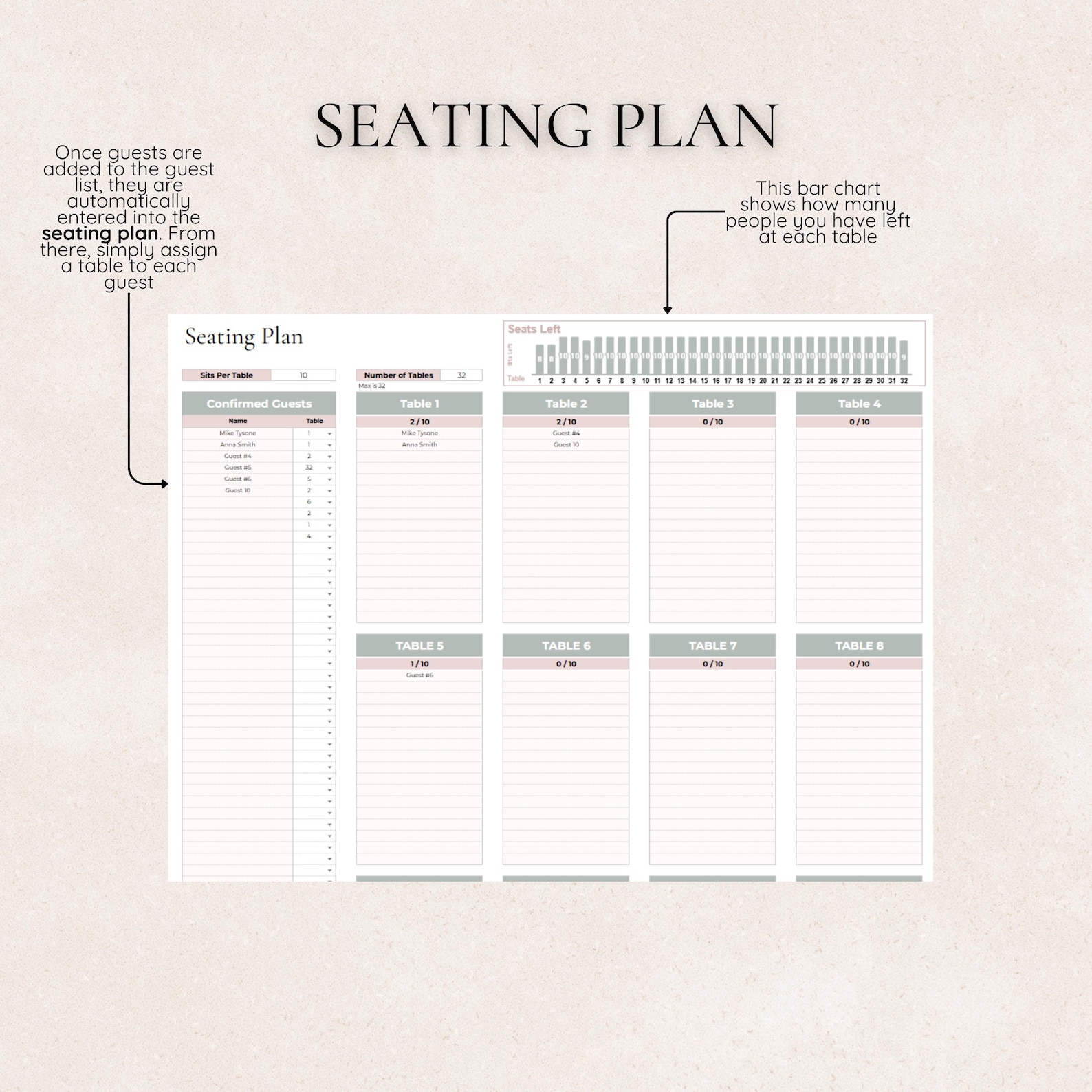 Guest List and Seating Plan Tracker, Wedding Seating Chart Wedding ...