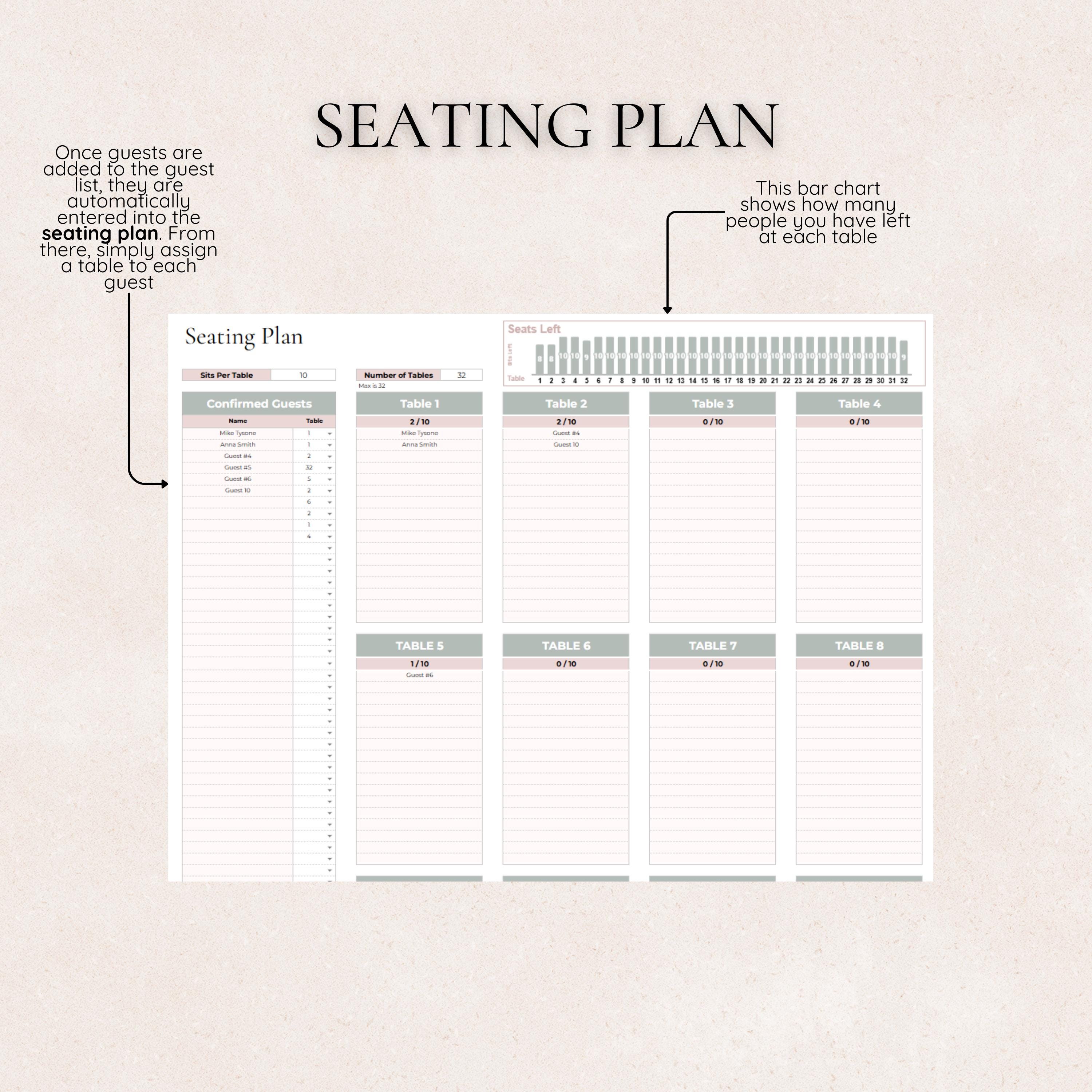 Guest List and Seating Plan Tracker, Wedding Seating Chart Wedding ...