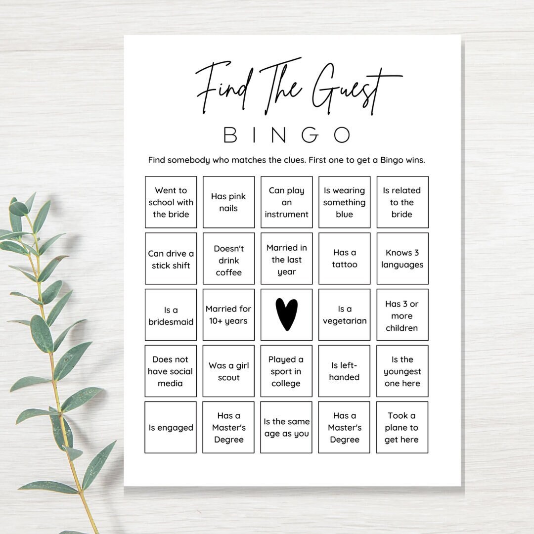 Find the Guest Bingo Game Bridal Shower Bingo Minimalist - Etsy
