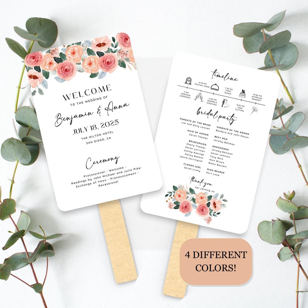 Floral Wedding Program Fan Template Wedding Fans With Wedding Timeline ...